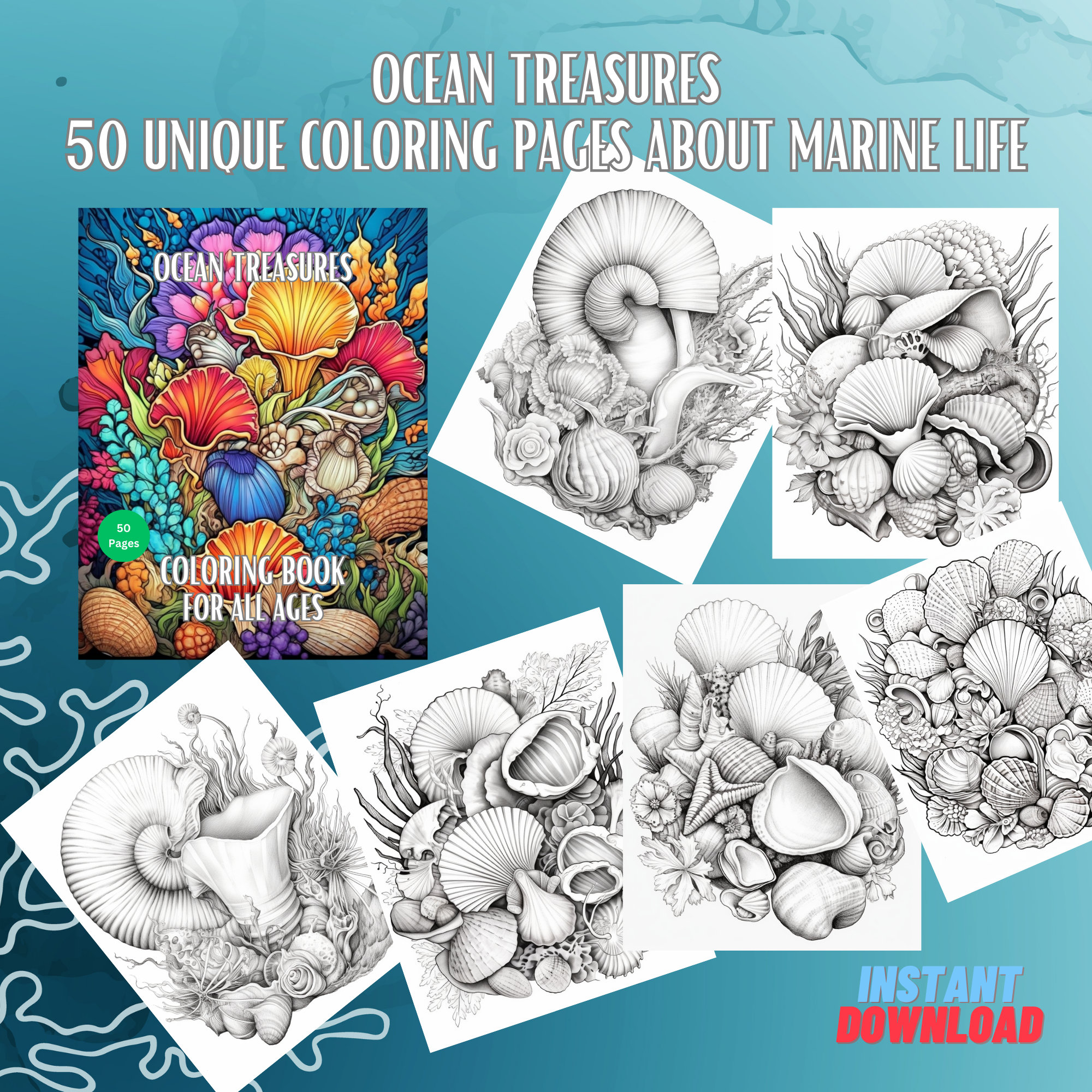 Ocean Treasures Coloring Book | 50 Coloring Pages With Shells and ...