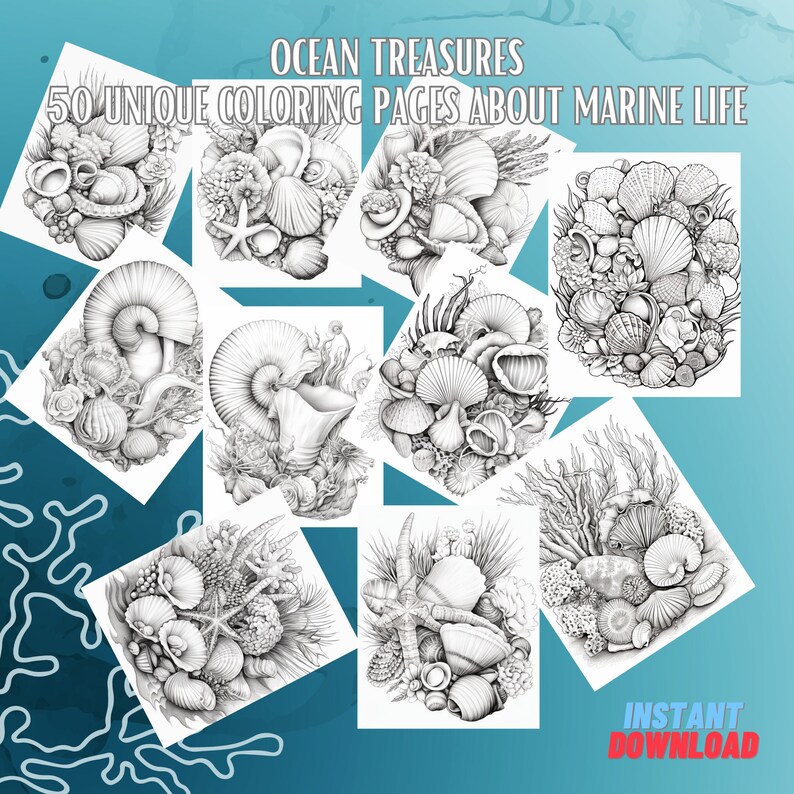 Ocean Treasures Coloring Book | 50 Coloring Pages With Shells and ...