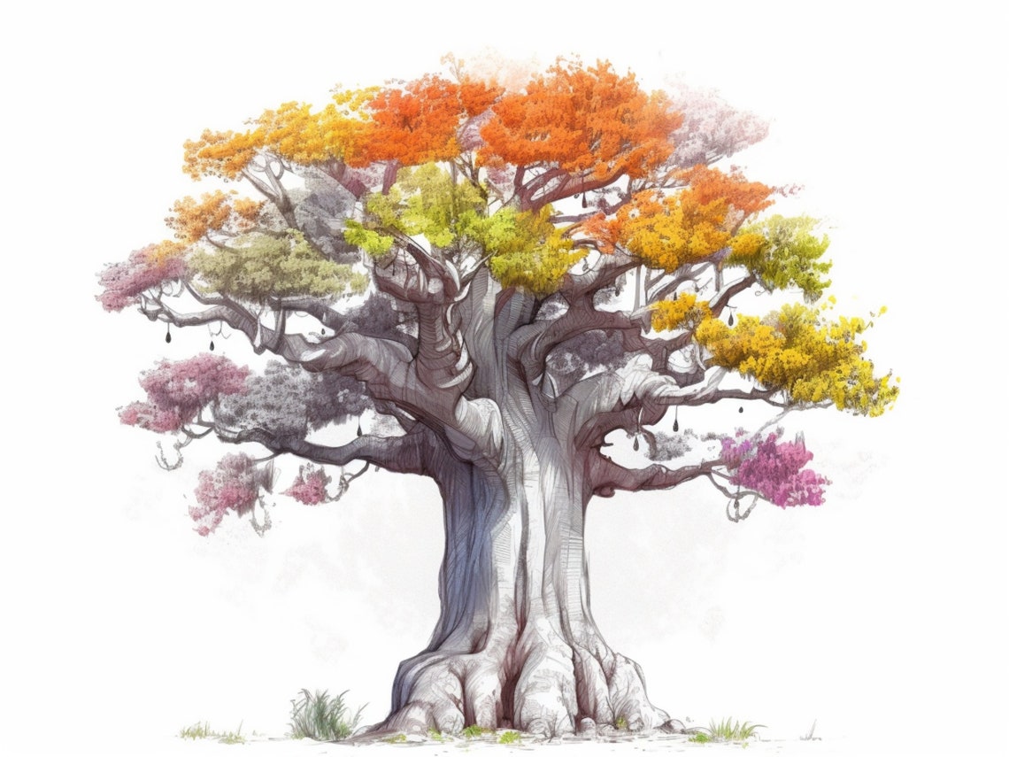 Baobab Tree Colored Sketch Digital Art Drawing PNG, JPG, SVG 300dpi 4:3 ...