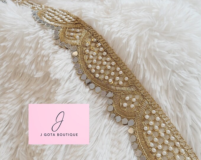 9 Metres Golden Mirror Work Border, Embellished With Pearl Handwork - Etsy
