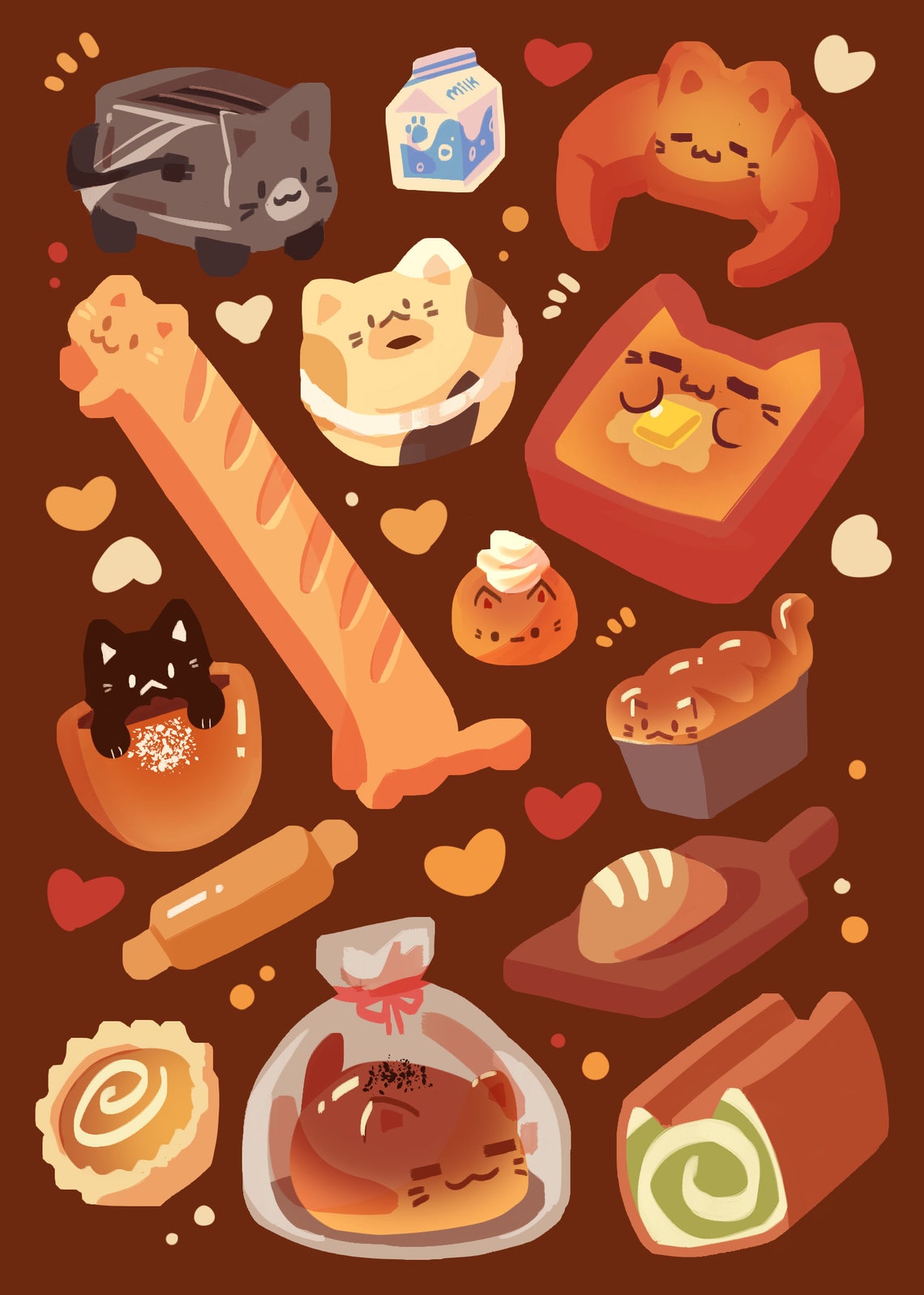 Cat Bread Sticker Sheet | Cat Cafe Stickers! | Cute Cat Stickers ...