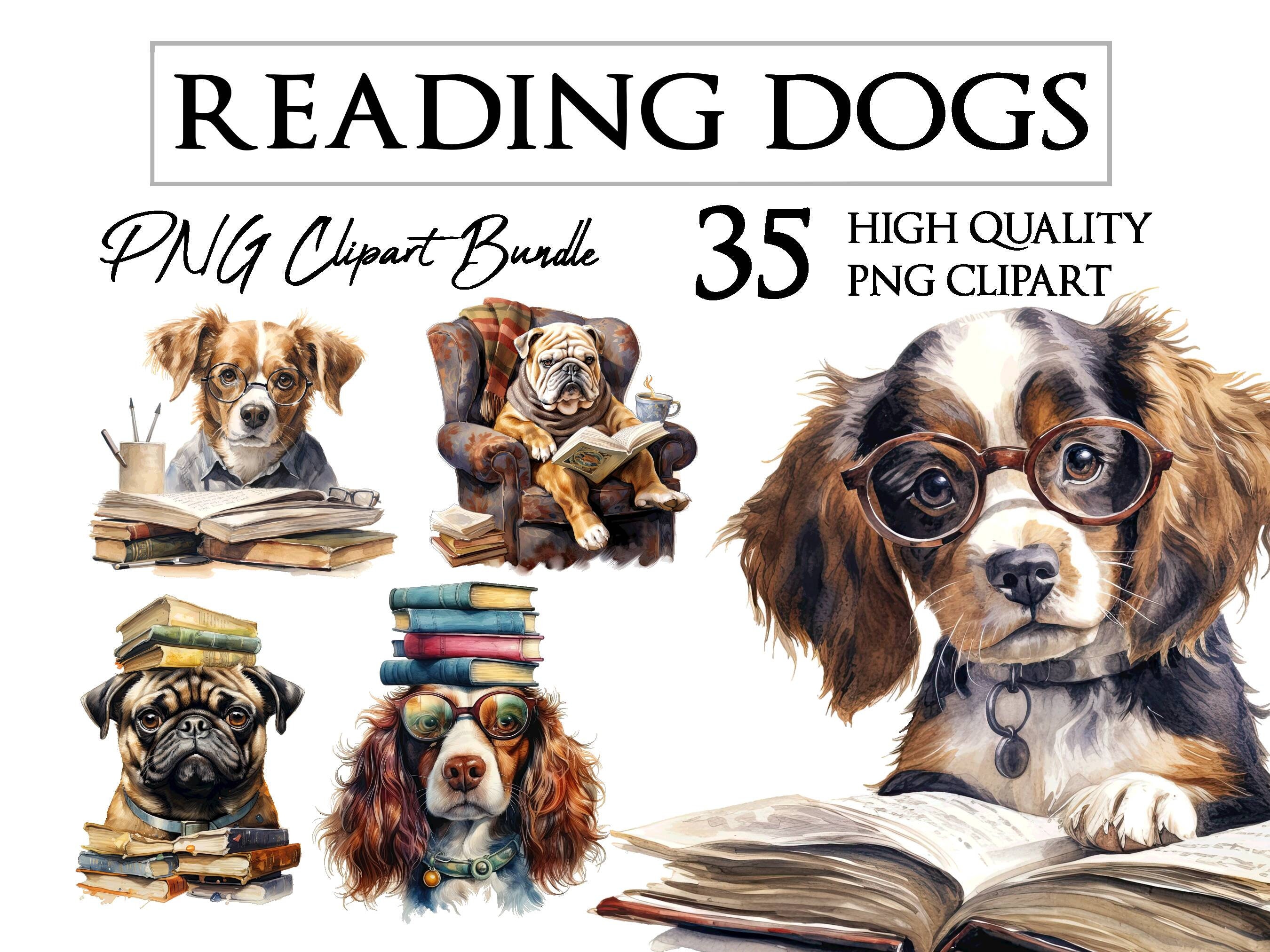 Cute Reading Dogs Watercolor Books, Book, Reader PNG Clipart Bundle ...