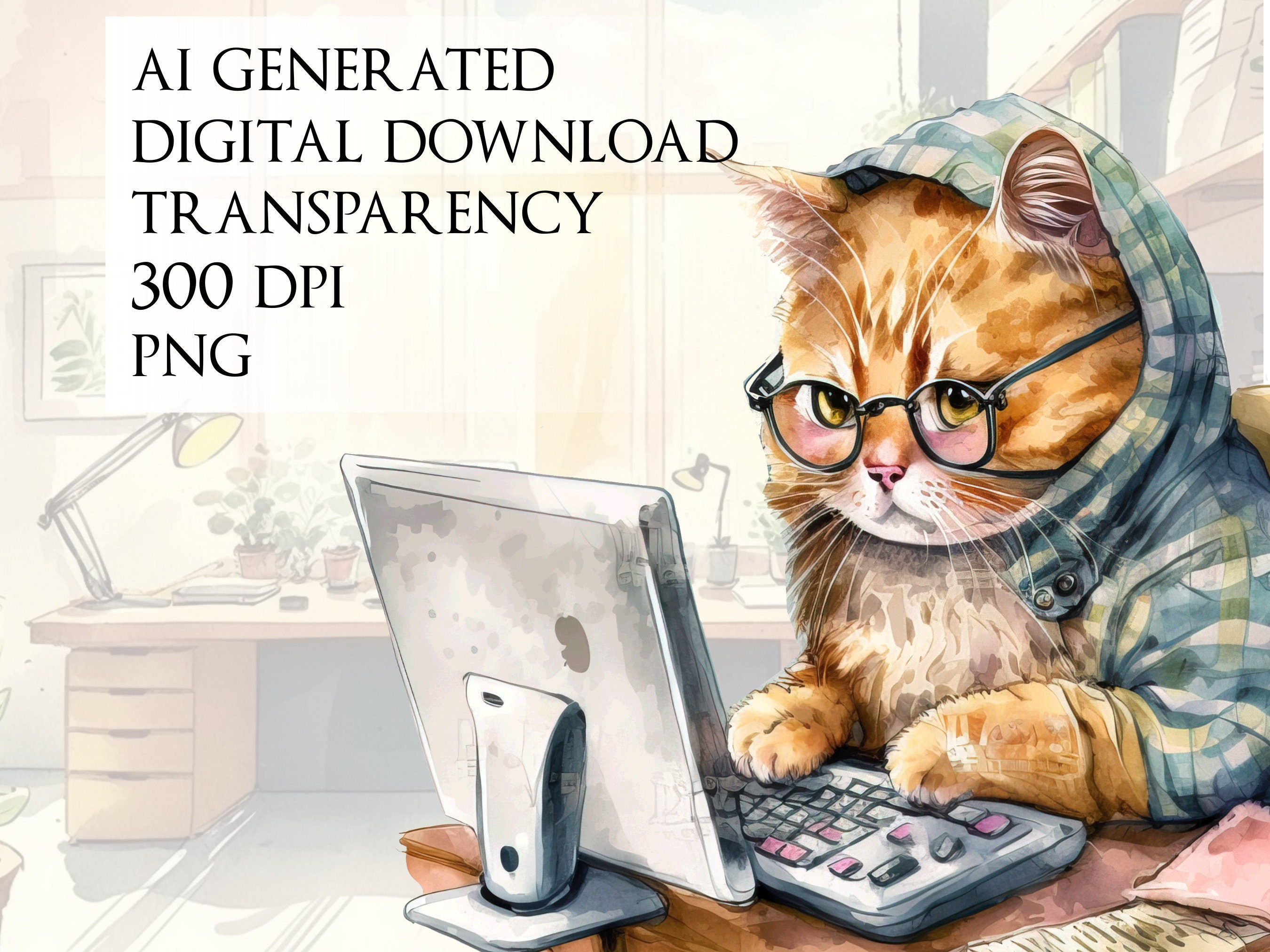 Lindos gatos programadores / Acuarela / Computadora, portátil, oficina ...