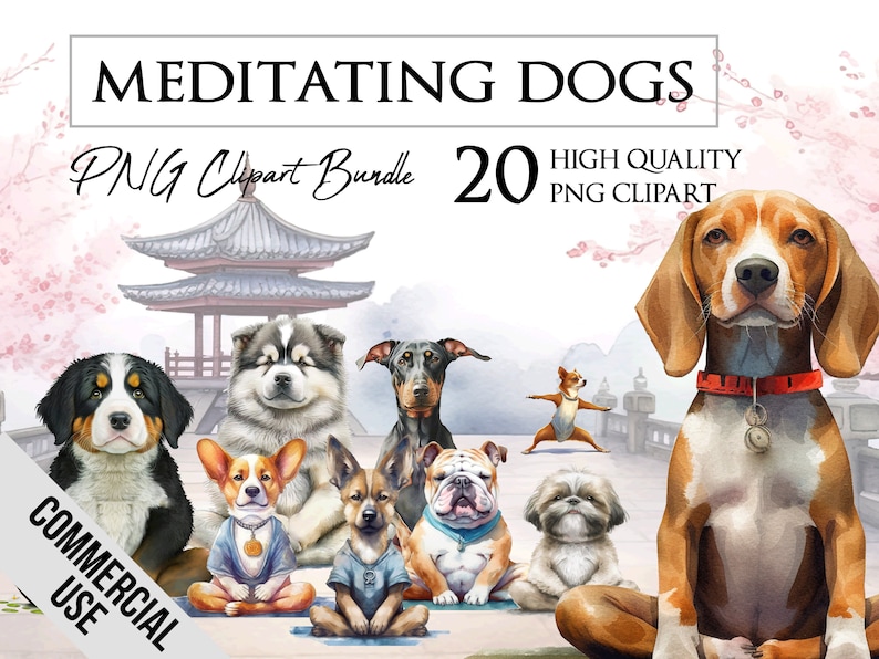 Meditating Dogs | Watercolor | Zen, Yoga | PNG Clipart Bundle | Card ...