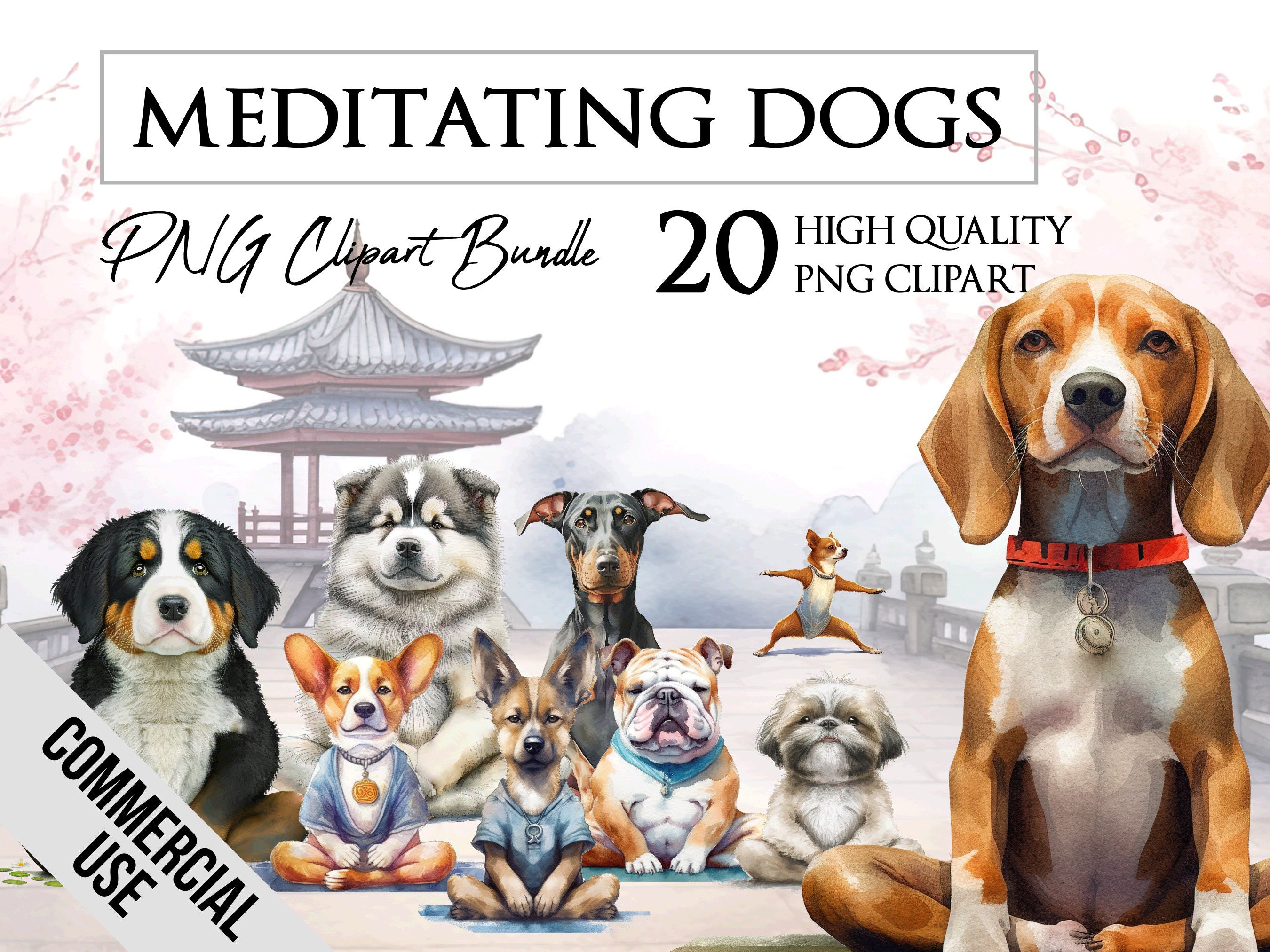 Meditating Dogs | Watercolor | Zen, Yoga | PNG Clipart Bundle | Card ...