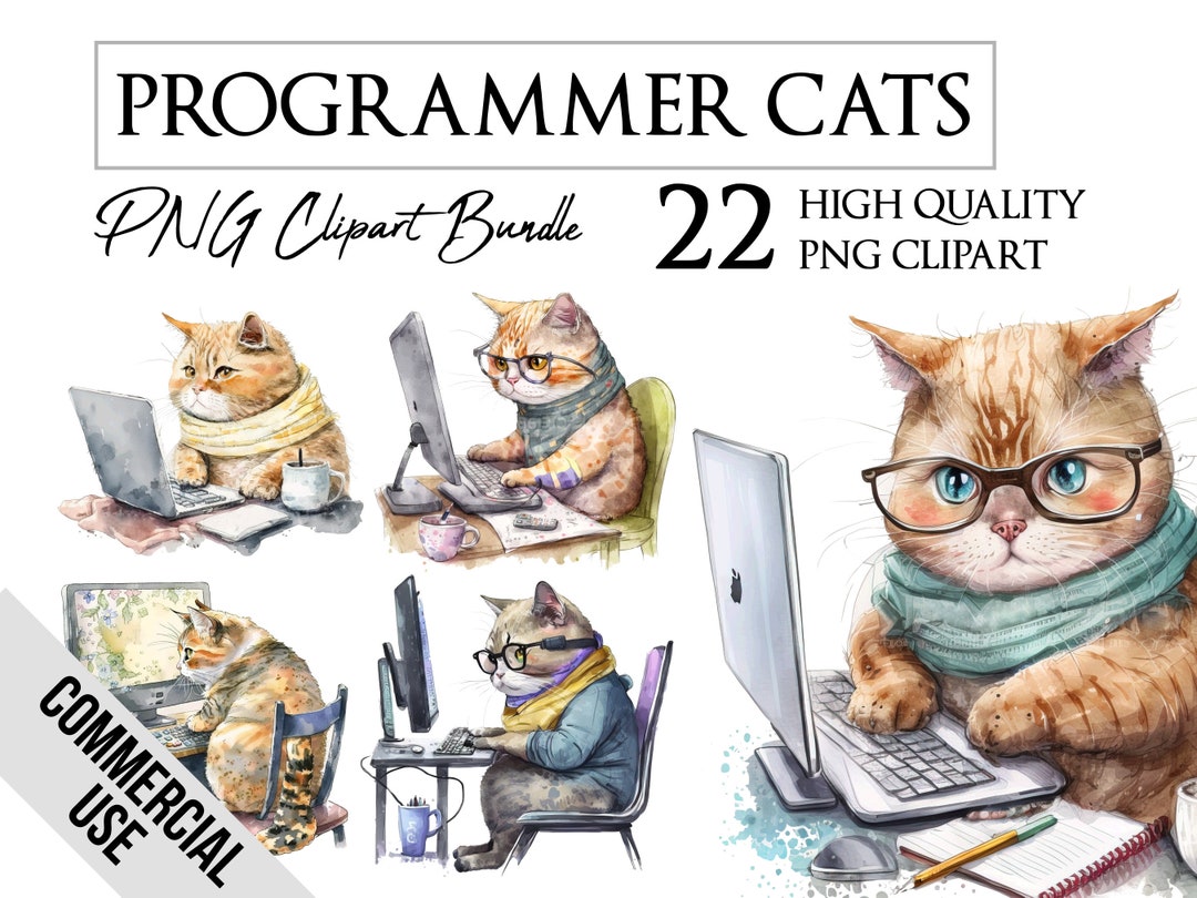 Cute Programmer Cats | Watercolor | Computer, Laptop, Office | PNG ...