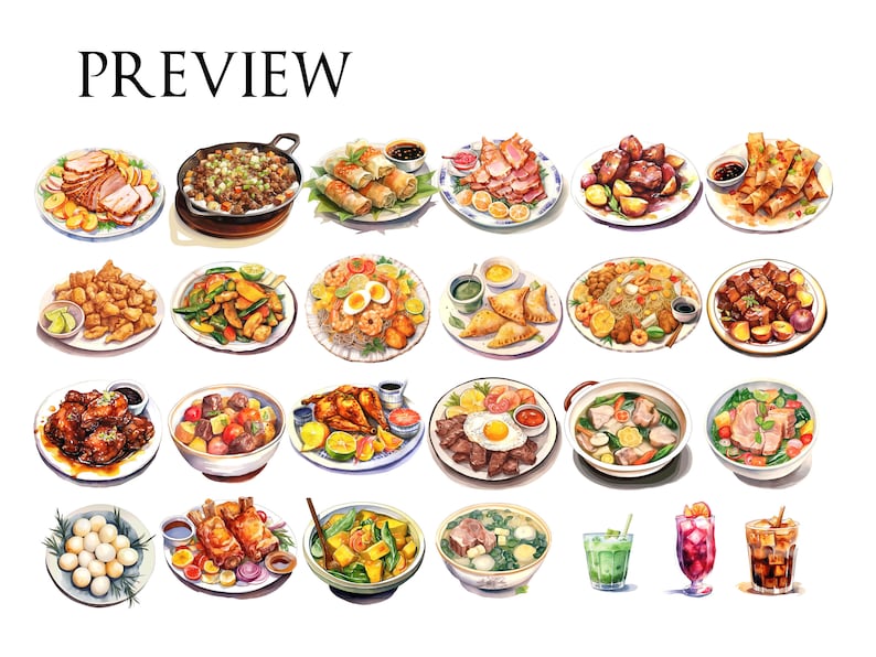 Filipino Food Watercolor Asian Food PNG Clipart Bundle Card Making Menu ...
