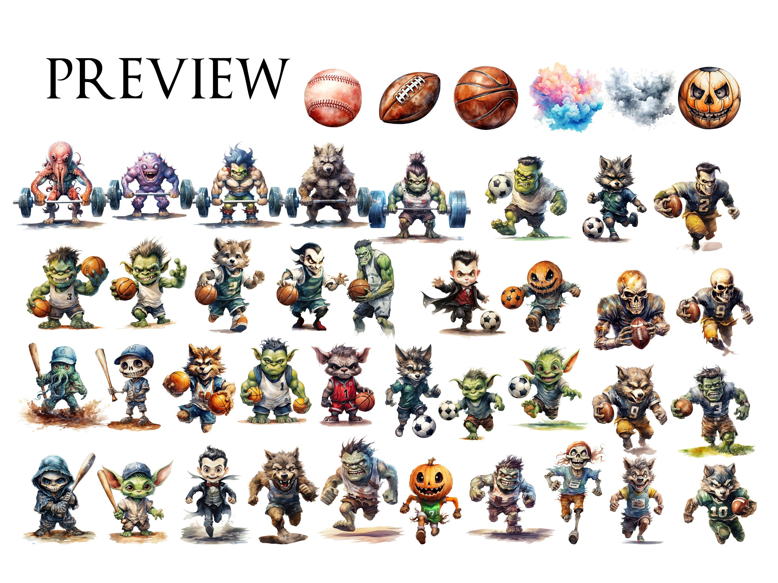 Sports Monsters | Watercolor | Halloween, Cute, Scary | PNG Clipart ...