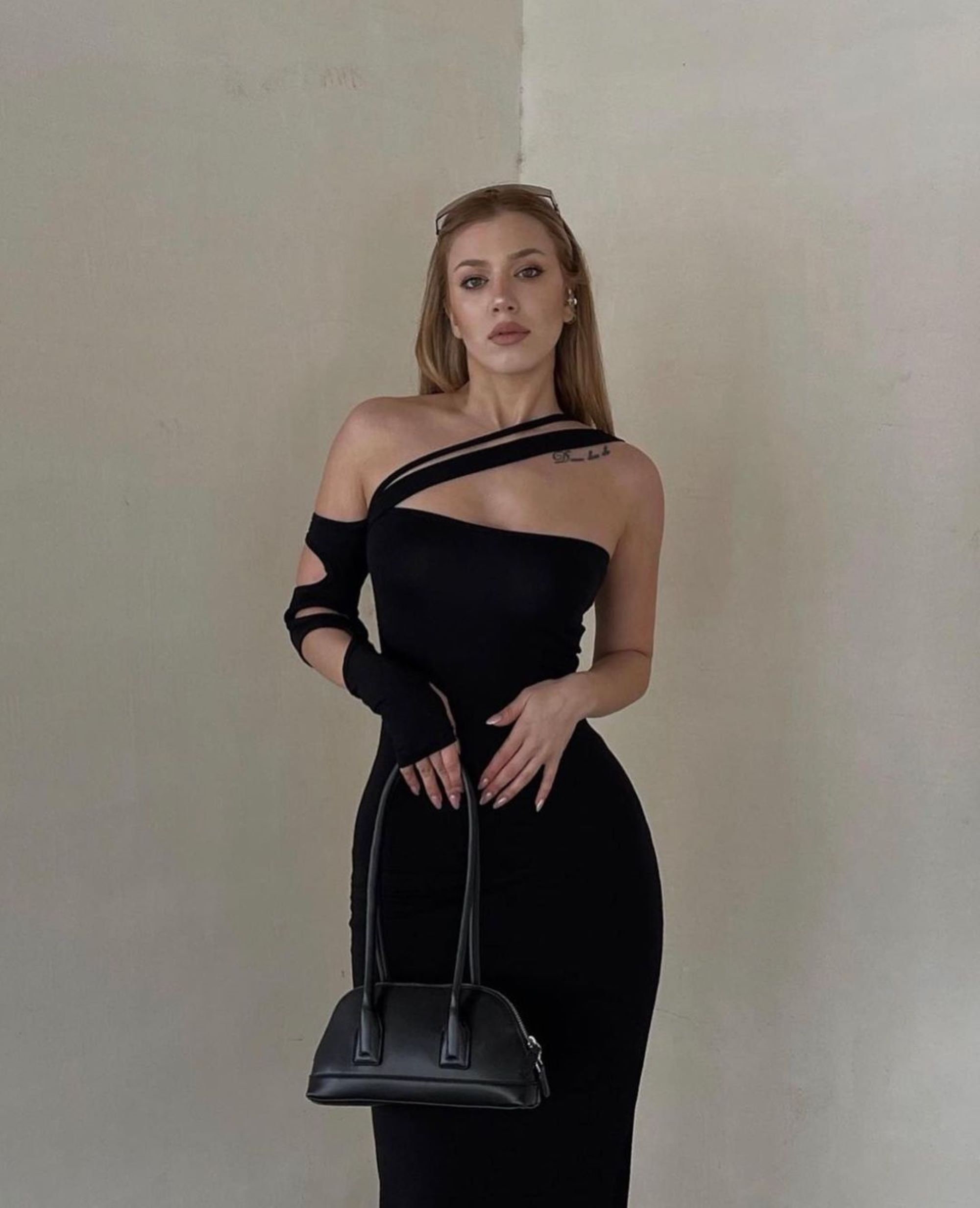 Women's Black Color Midi Model Dress, Midi Dress, One Shoulder Dress ...