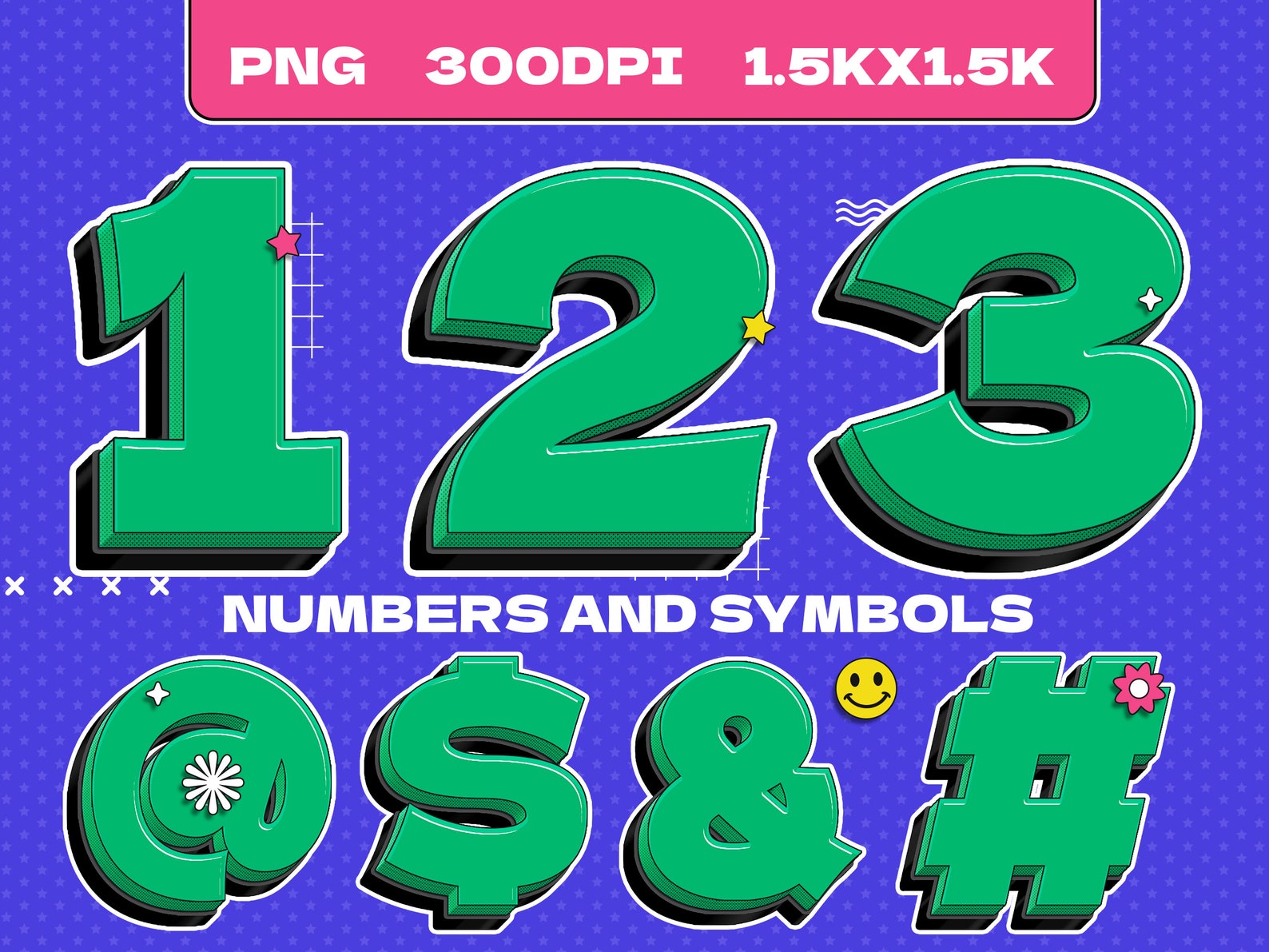 3D Vintage Numbers & Symbols PNG Illustrations Font Pack | Green ...