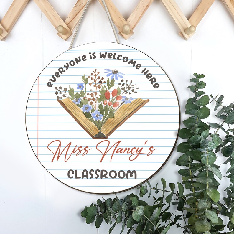 Custom Teacher Classroom Door Sign Floral Book Door Hanger - Etsy