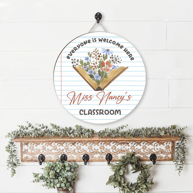 Custom Teacher Classroom Door Sign Floral Book Door Hanger - Etsy