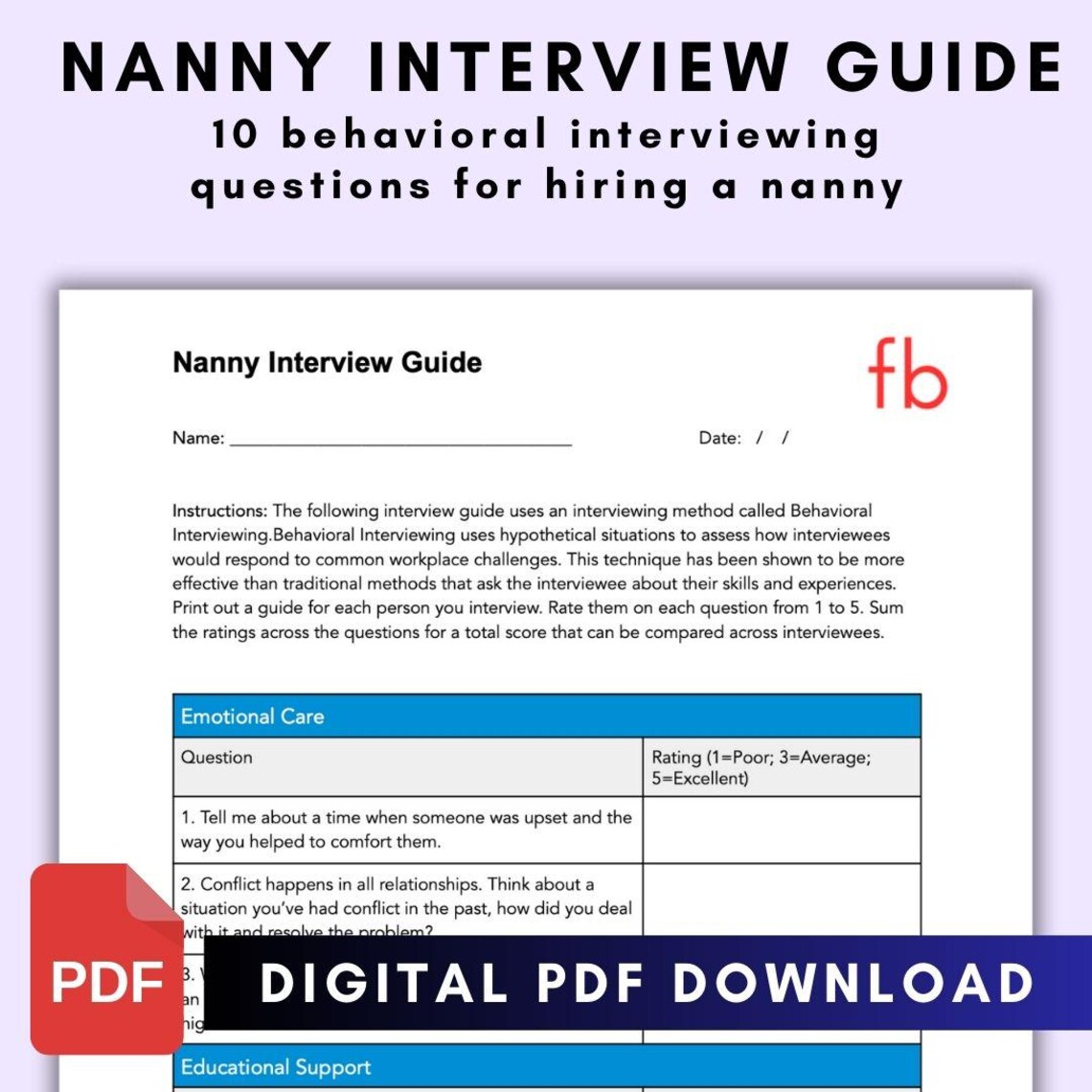 Nanny Interview Guide PDF Digital Download Interview Template Child ...