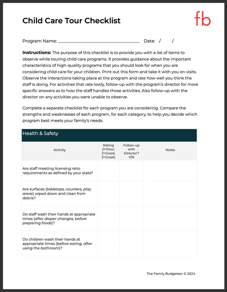 Childcare Family Budget Spreadsheet Childcare Tour Checklist ...