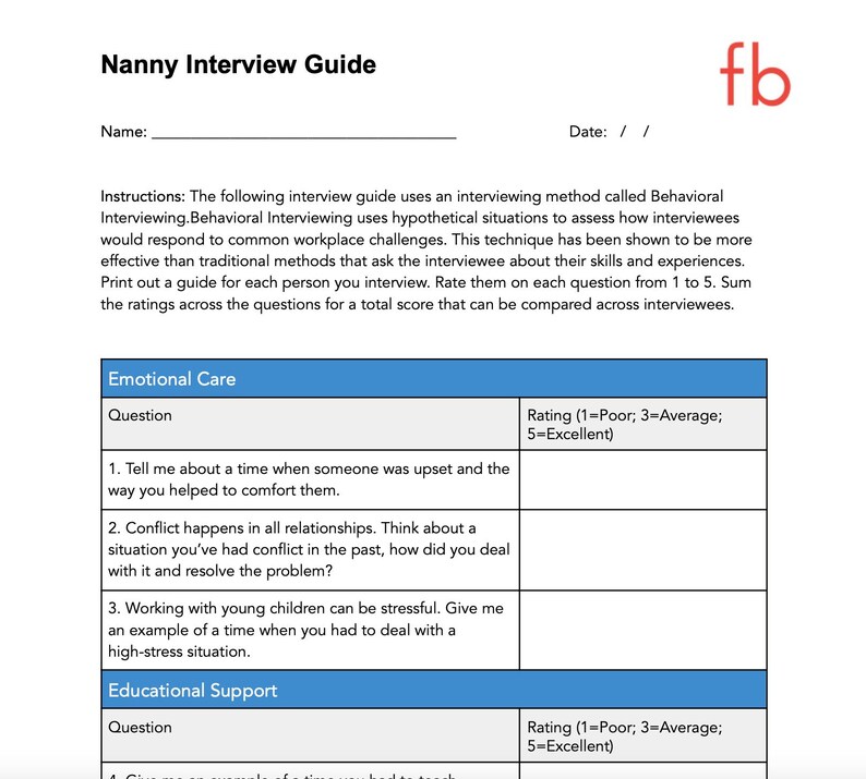Nanny Interview Guide PDF Digital Download Interview Template Child ...