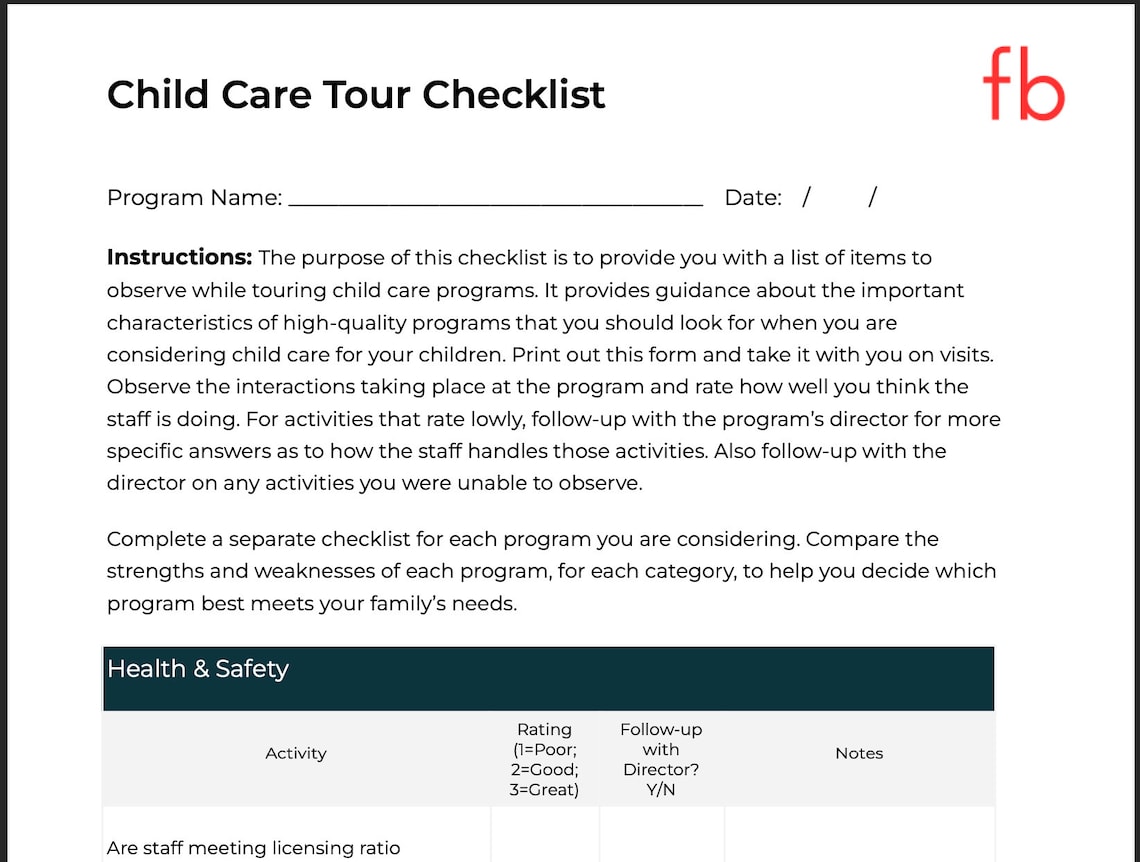 Childcare Tour Checklist PDF Digital Download Checklist Daycare Tours ...
