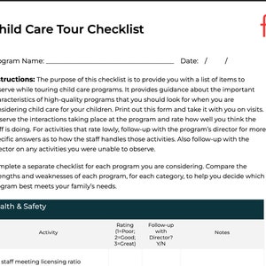 Childcare Tour Checklist PDF Digital Download Checklist Daycare Tours ...