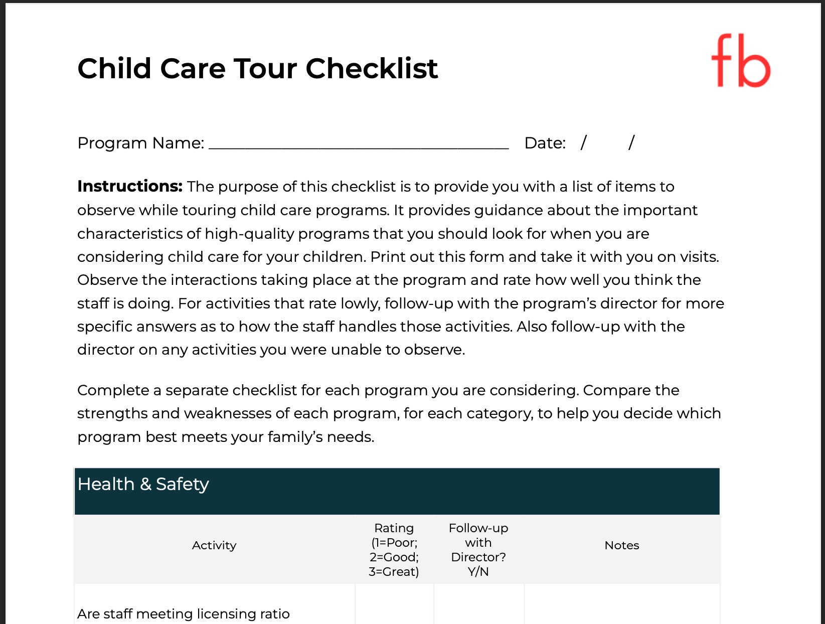 Childcare Tour Checklist PDF Digital Download Checklist Daycare Tours ...
