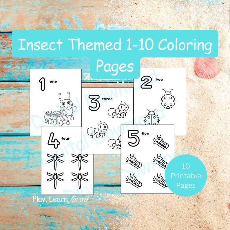 Printable Insect Themed 1-10 Coloring Pages, Outdoor Vacation Fun Png ...
