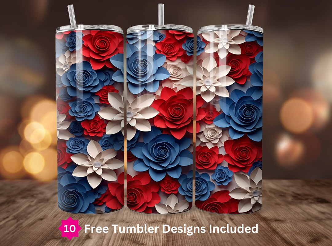 3D Red White Blue Flower PNG Wrap 20oz Skinny Tumbler Sublimation Design Patriotic Tumbler PNG ...