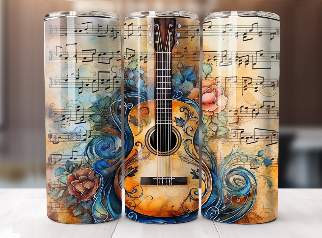 Acoustic Guitar 20oz Skinny Sublimation Design Music Notes PNG Instant ...