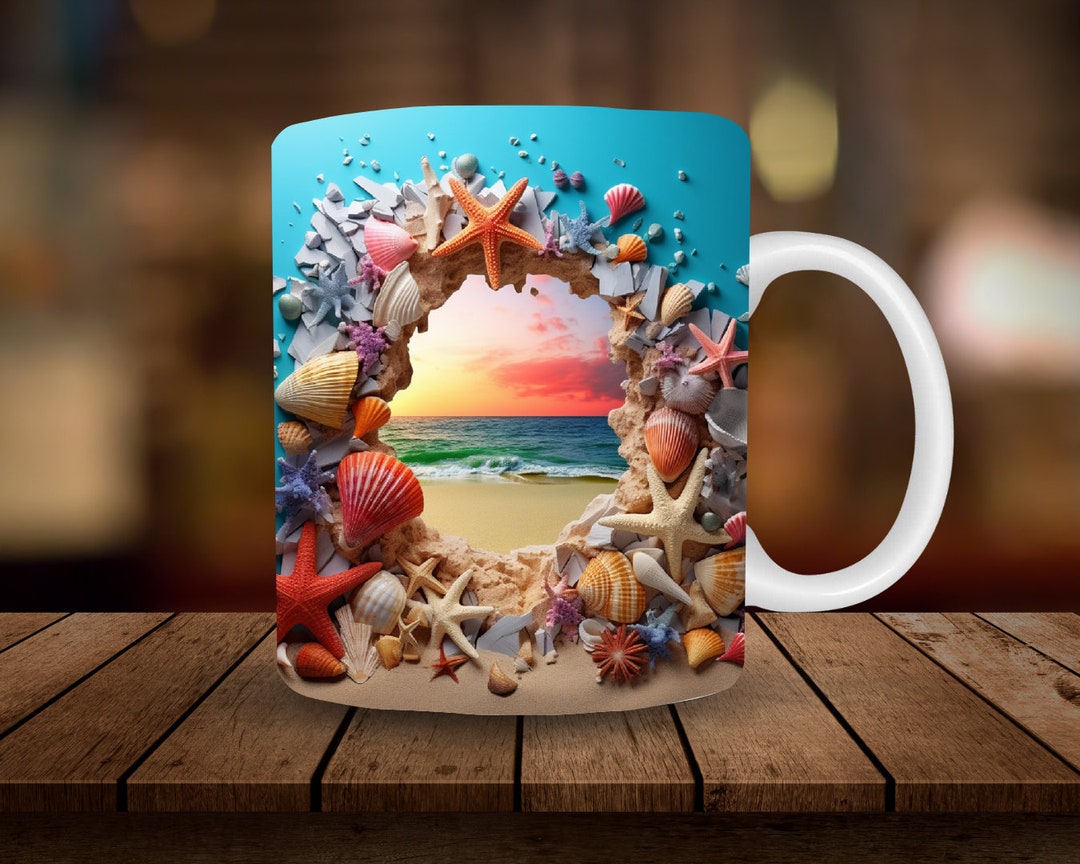 3D Beach Scene Mug Sublimation, 11oz, 15oz Mug Sublimation Wrap ...