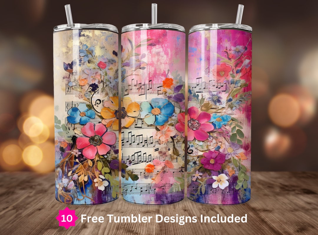 Music Sheet Wrap 20oz Skinny Sublimation Design Boho Flowers Digital ...