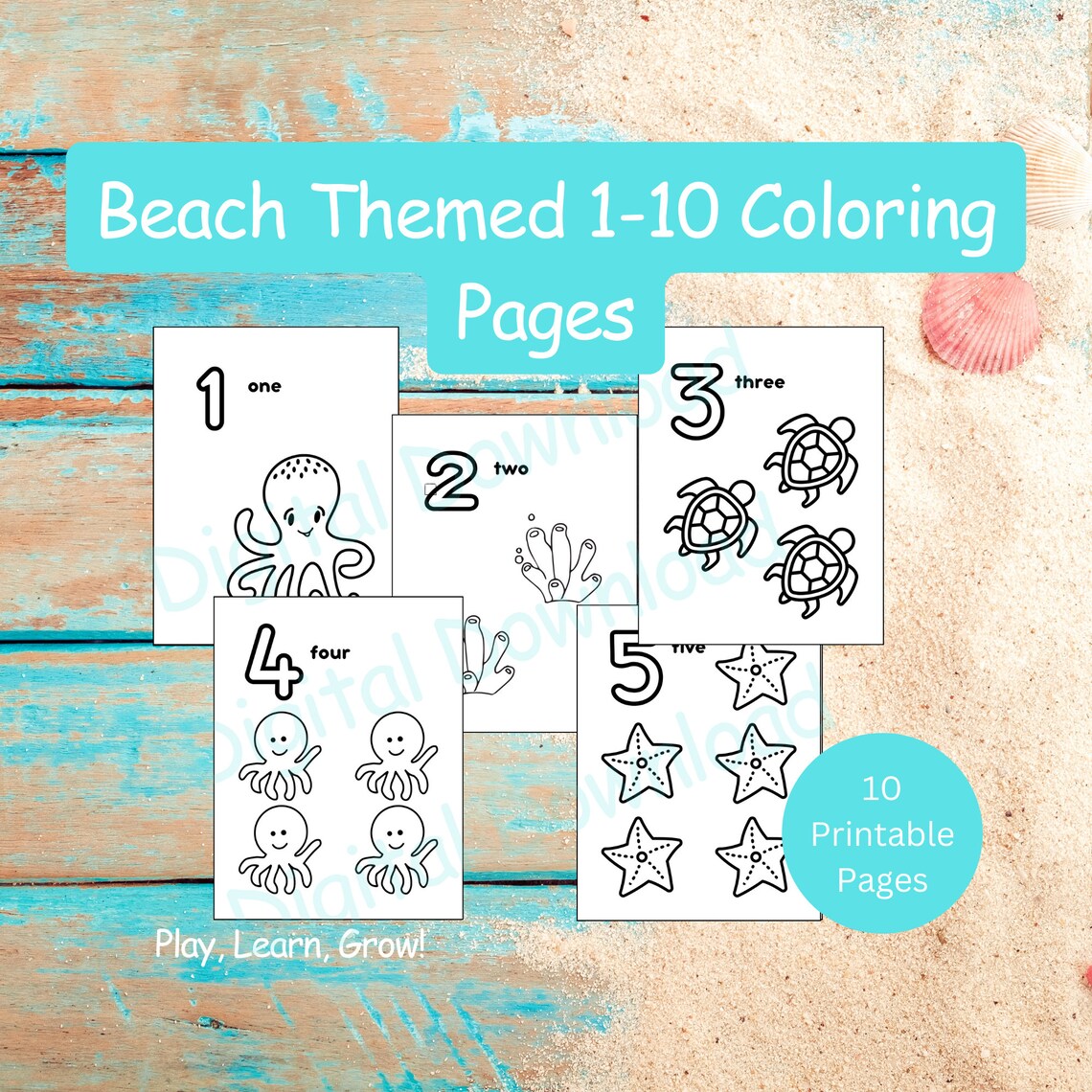 Printable Beach Themed 1-10 Coloring Pages, Beach Vacation Fun Png ...