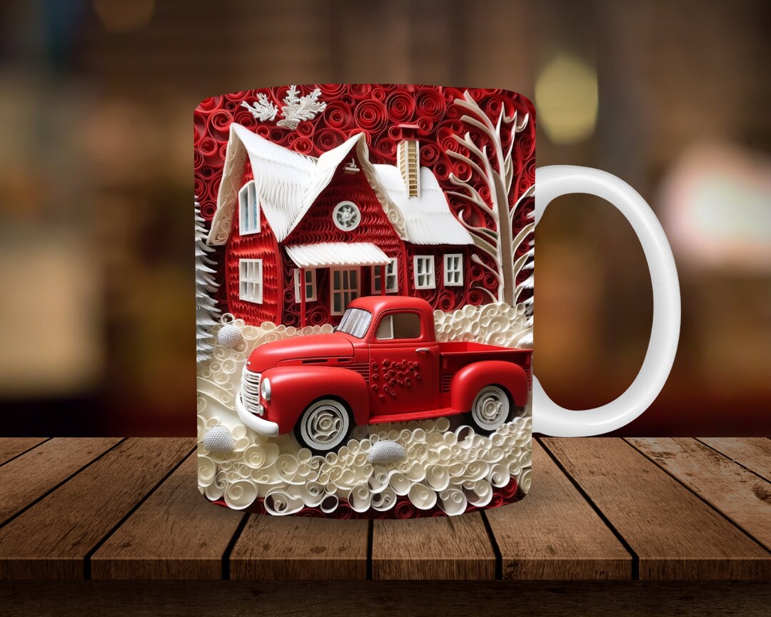 3D Vintage Red Truck Mug Sublimation, 3D Christmas 11oz, 15oz Mug ...