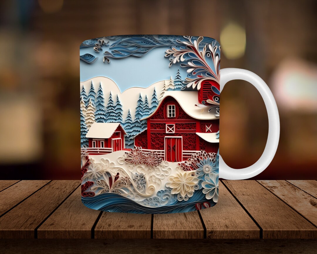 3D Red Barn Mug Sublimation, 3D Christmas 11oz, 15oz Mug Sublimation ...