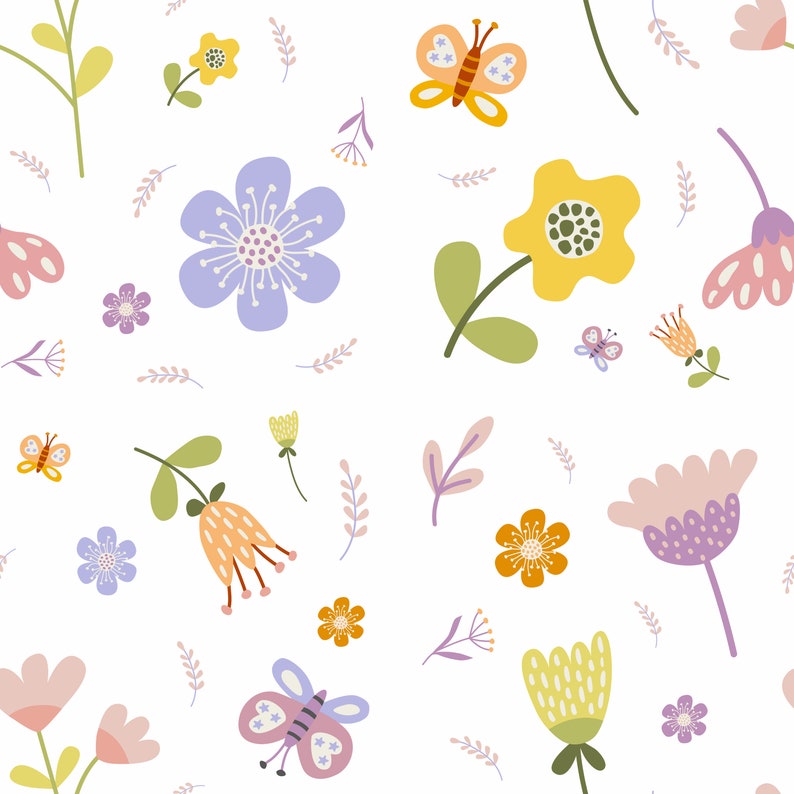 Cute Flowers Seamless Pattern, Cartoon Flowers, Digital Download ...