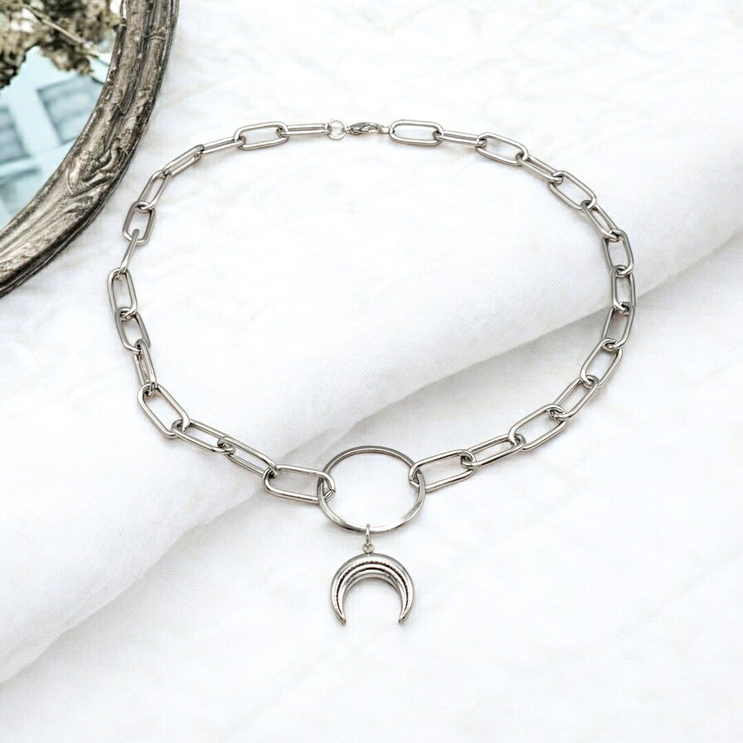 Crescent Moon Pendant on Paperclip Chain - 15, 16 or 17 Inch ...