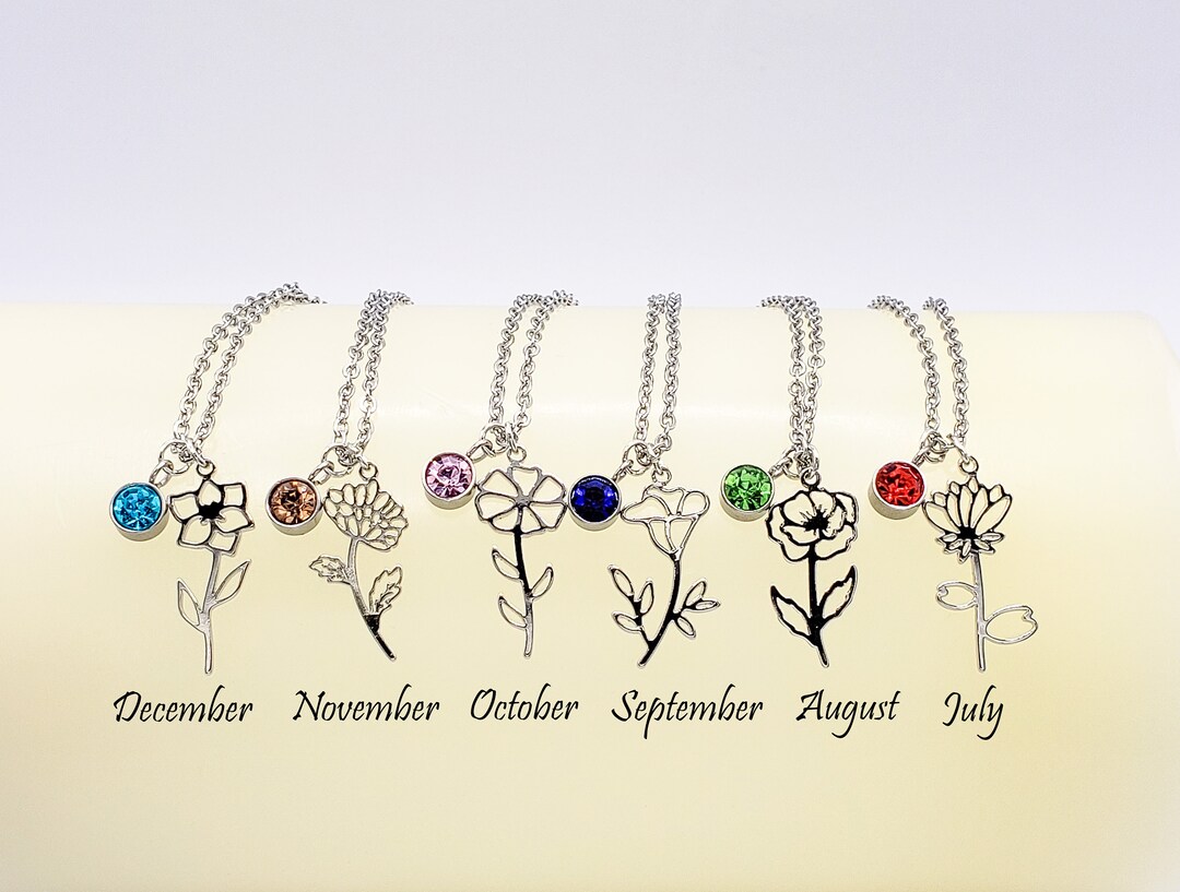 Personalized Birth Flower Necklace With Glass Birthstone Birthday Gift ...