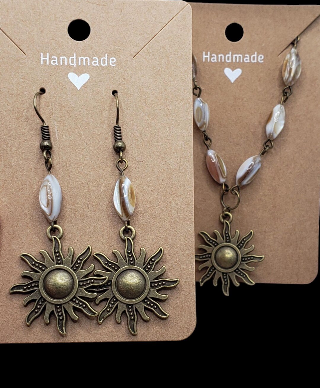 Bronze Sun Necklace and Earrings Set With Shell Rice Beads - 20" Chain ...