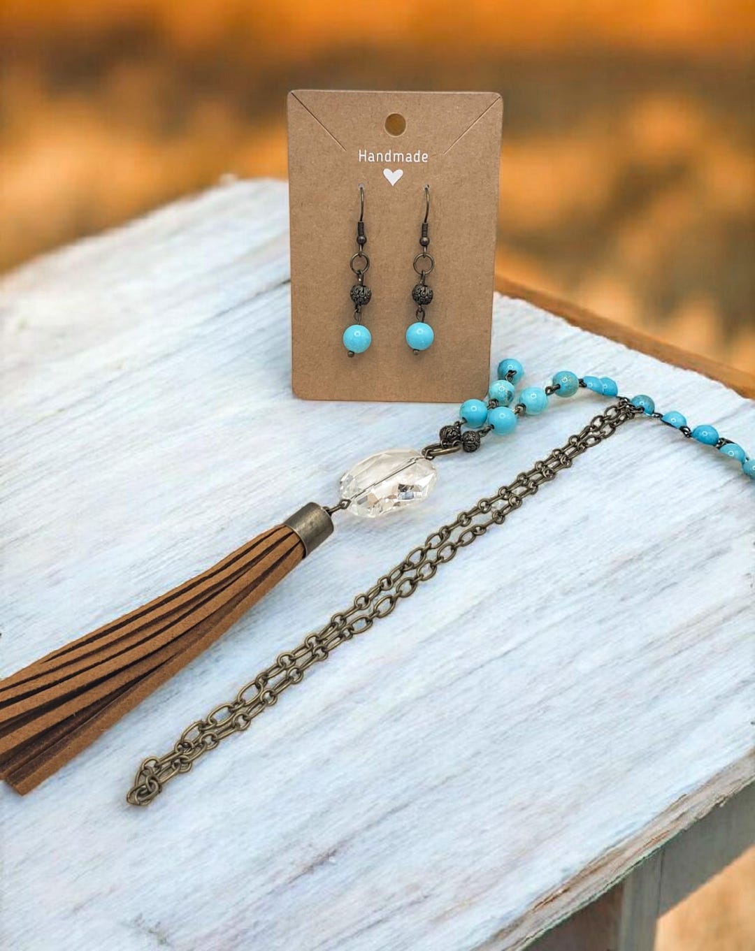 Boho Bronze Jewelry Set: Turquoise Beads, Glass Pendant, 30" Necklace ...