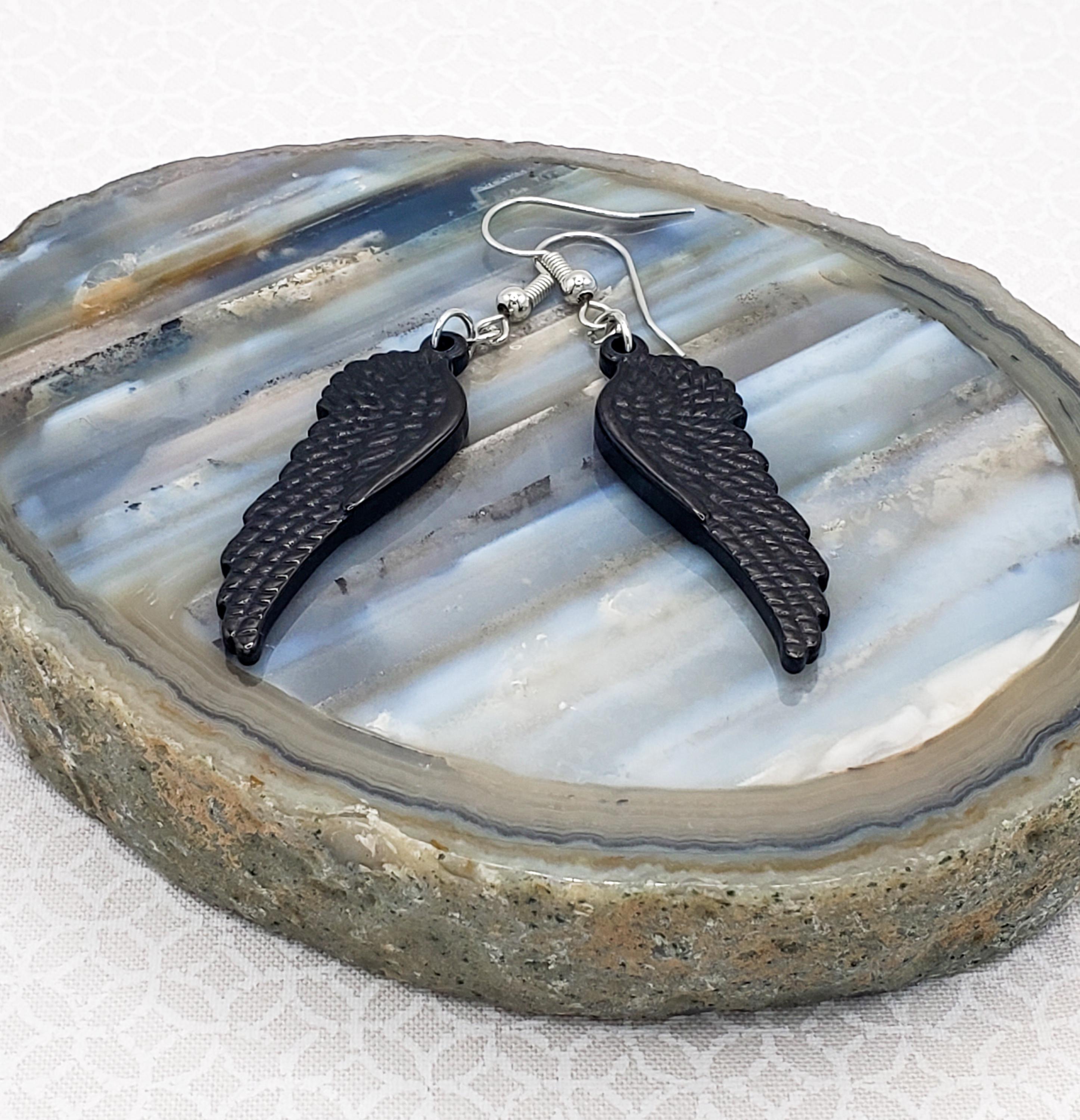 WyldEyeCreations Stainless Steel Black Wing Earrings Elegant and Hypoallergenic Design