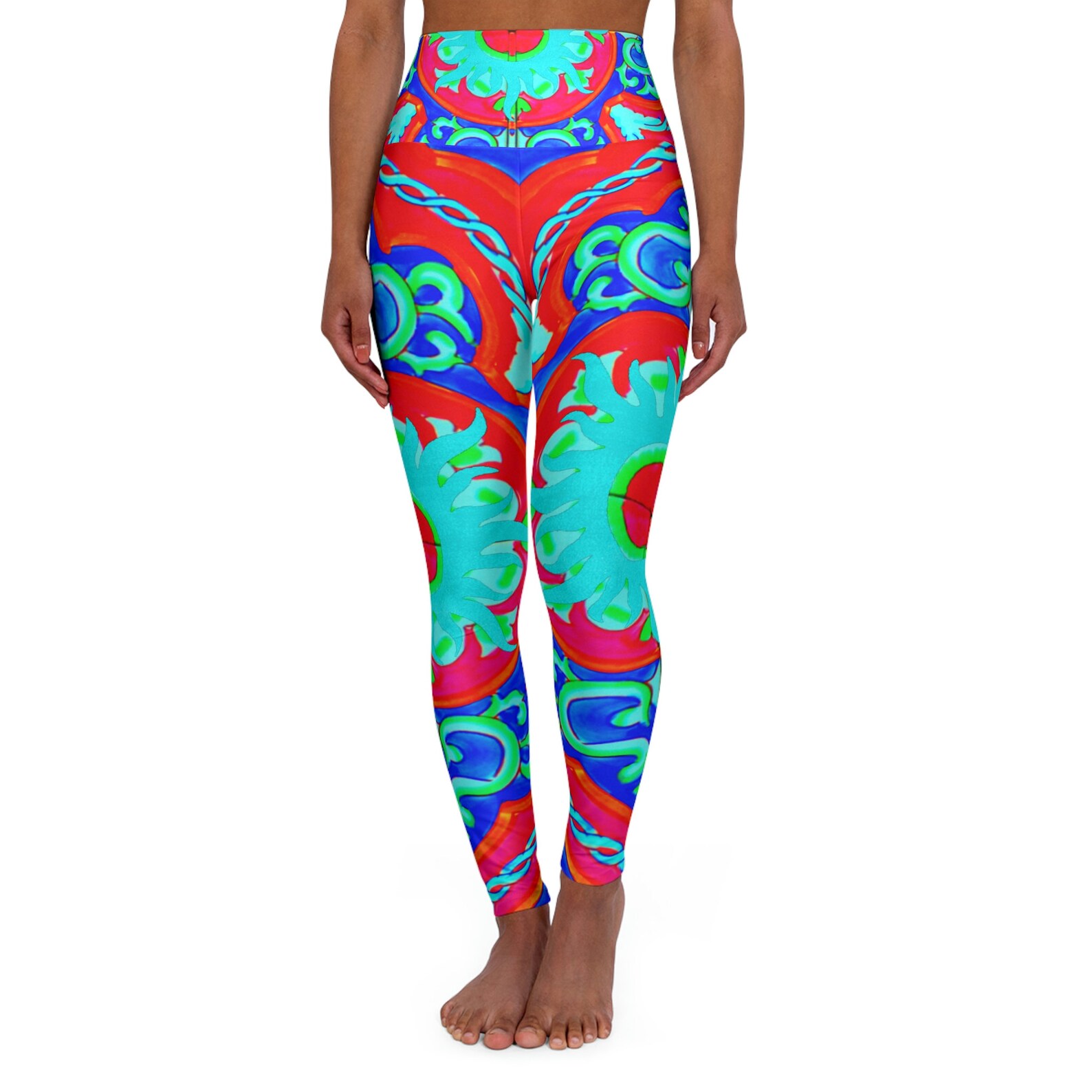 Red Blue Turquoise Spanish Tile Print Leggings High Waisted Yoga ...