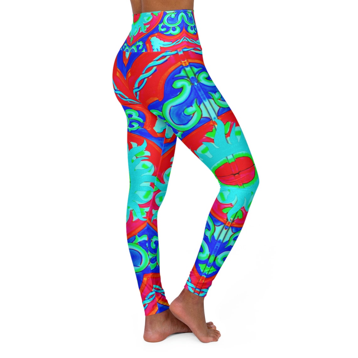 Red Blue Turquoise Spanish Tile Print Leggings High Waisted Yoga ...