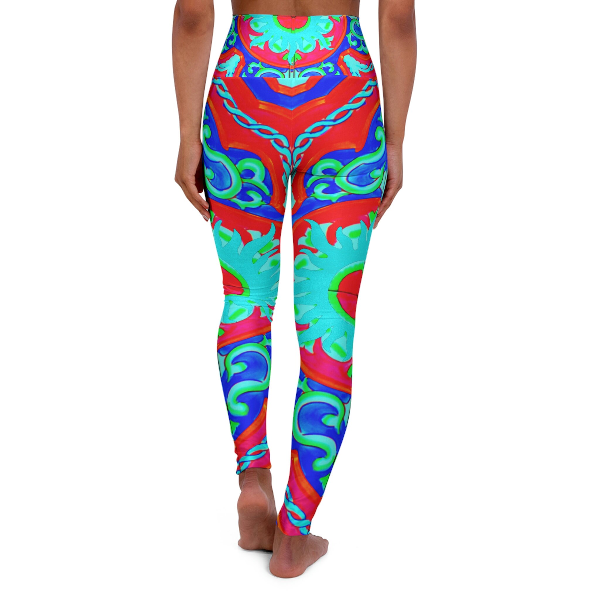 Red Blue Turquoise Spanish Tile Print Leggings High Waisted Yoga ...