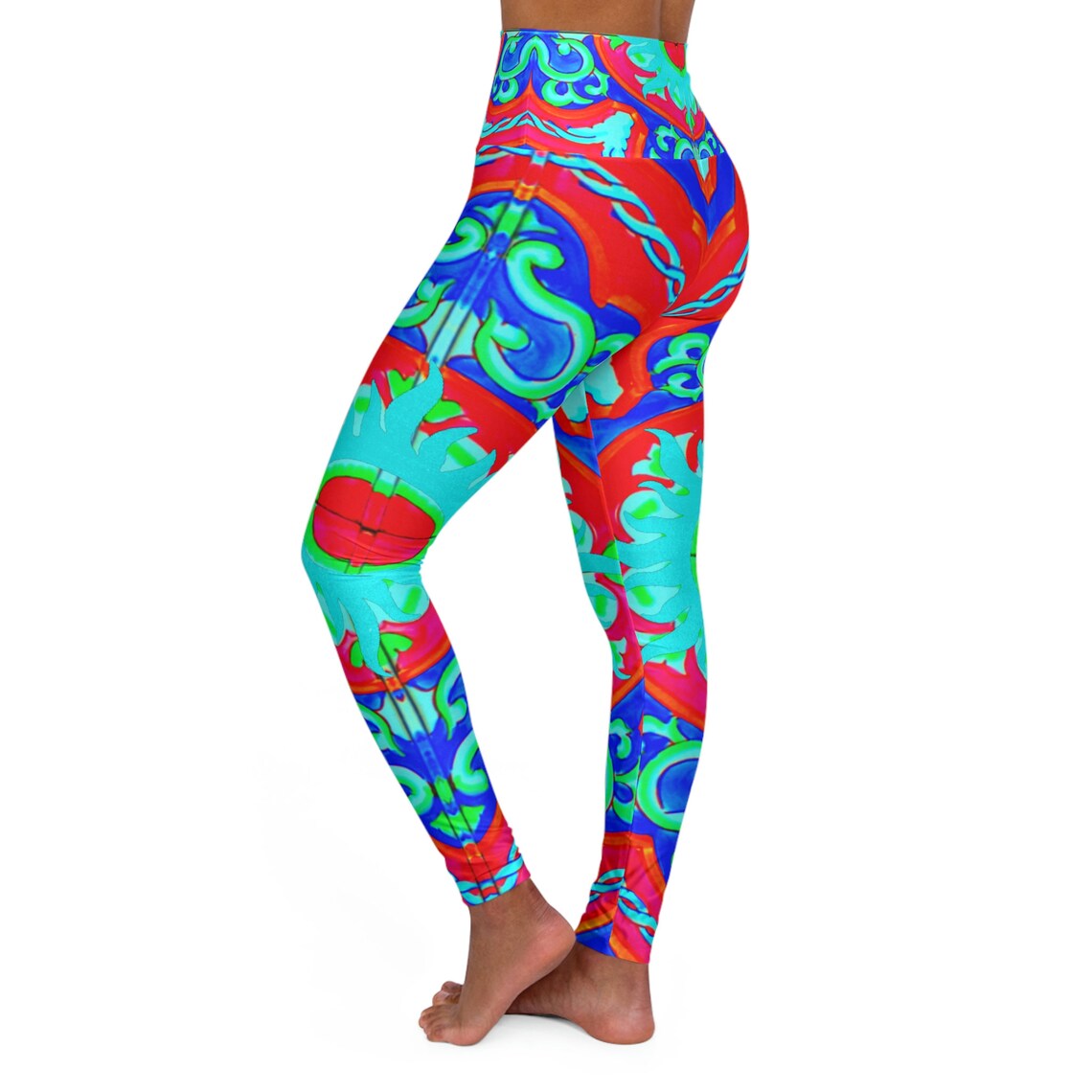 Red Blue Turquoise Spanish Tile Print Leggings High Waisted Yoga ...