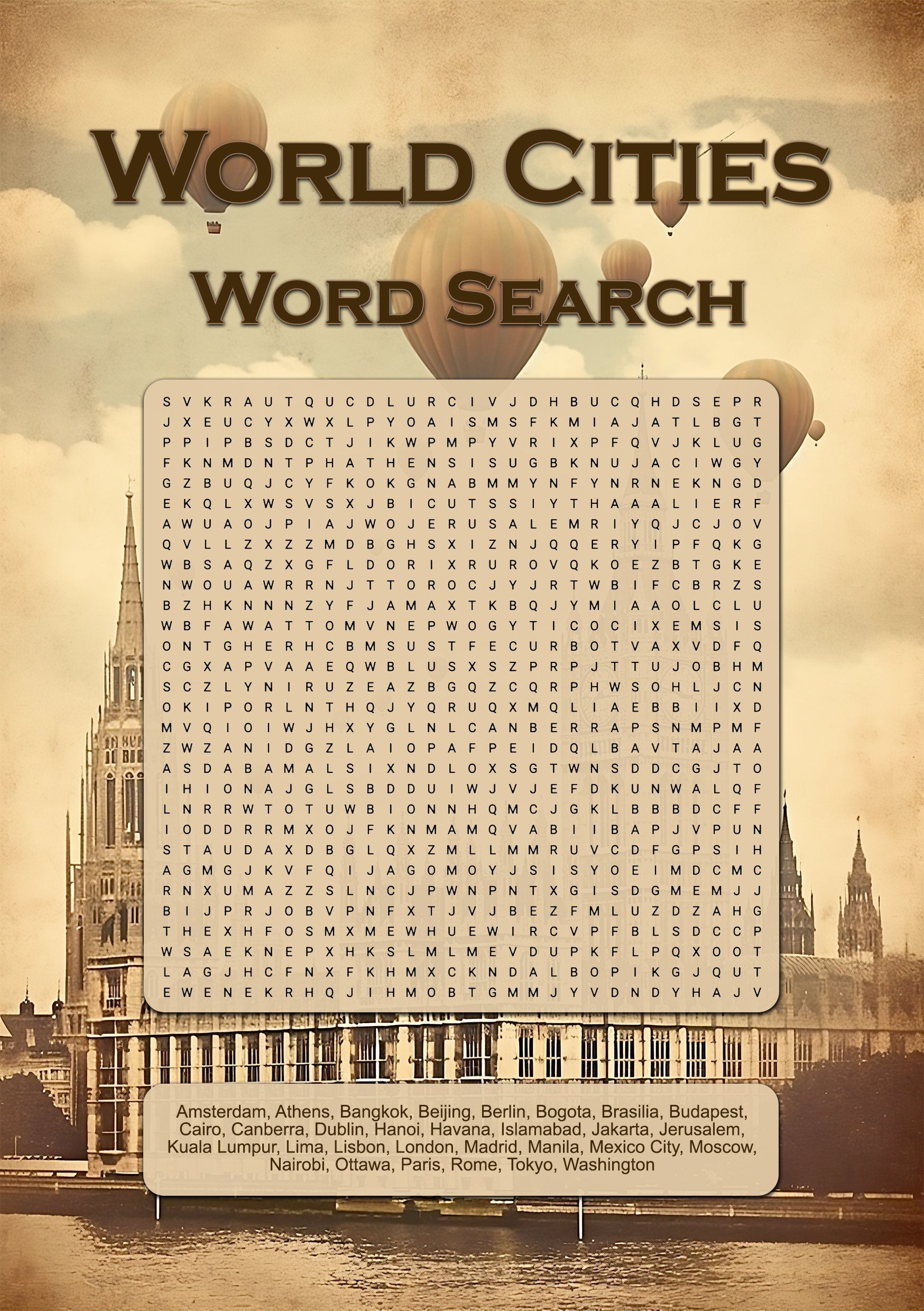 Famous Capital Cities Word Search Puzzle - 30 Capitals, A5 PDF, Puzzle ...