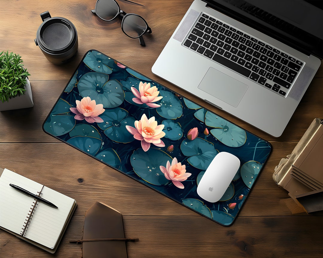 Serene Pink Water Lilies Desk Mat - Green Leaves, Calming Floral Design ...
