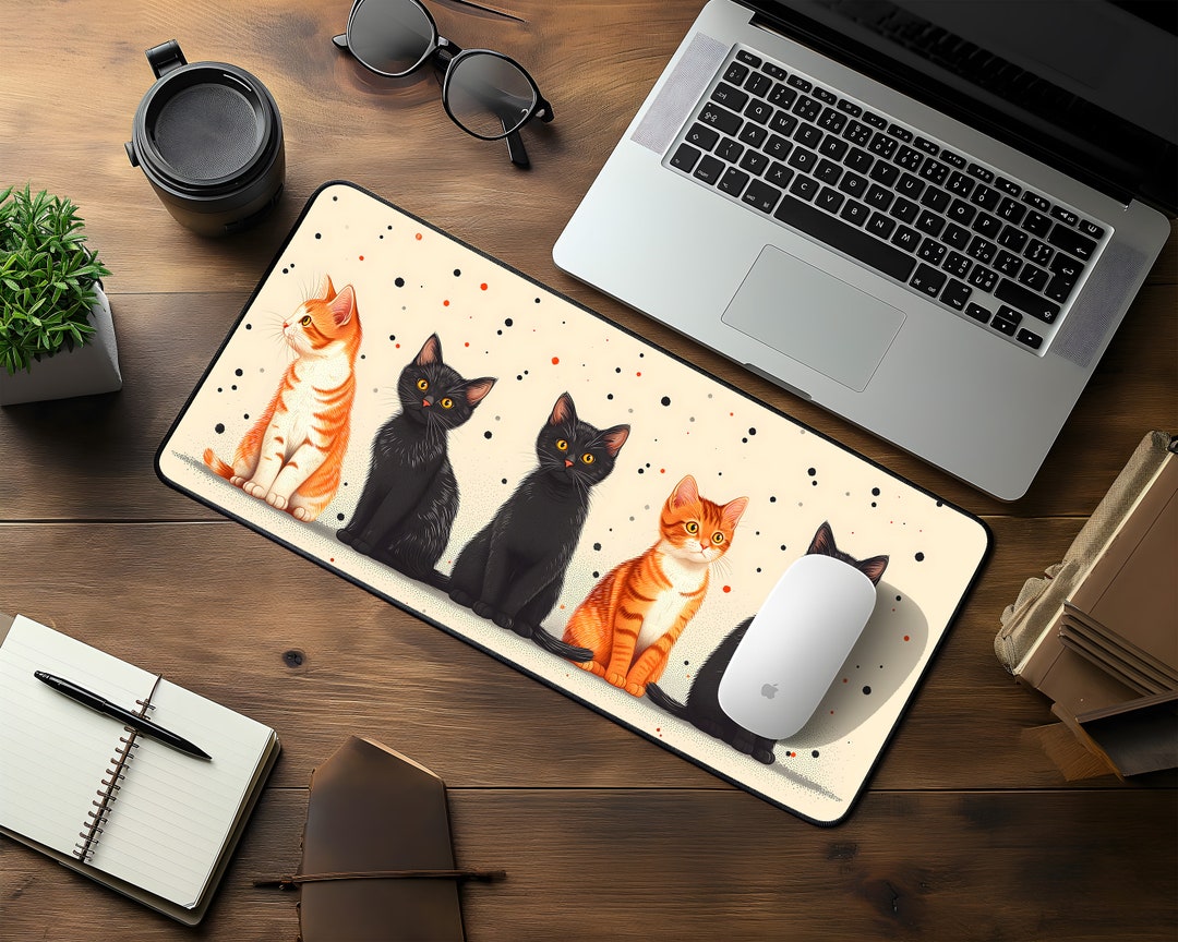 Cute Cat Desk Mat - Charming Illustration, Also Ideal as Mouse Pad ...