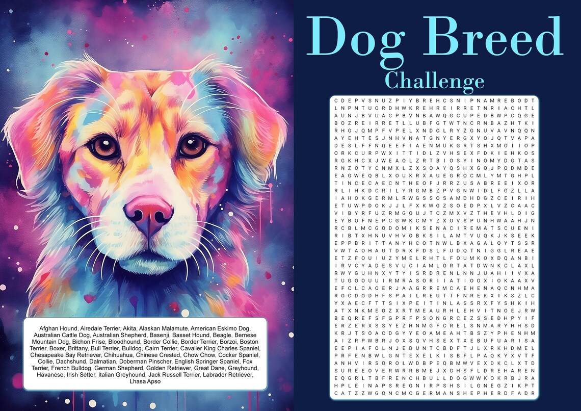 Dog Breeds Word Search Puzzle 45 Famous Breeds, A4 Landscape PDF ...