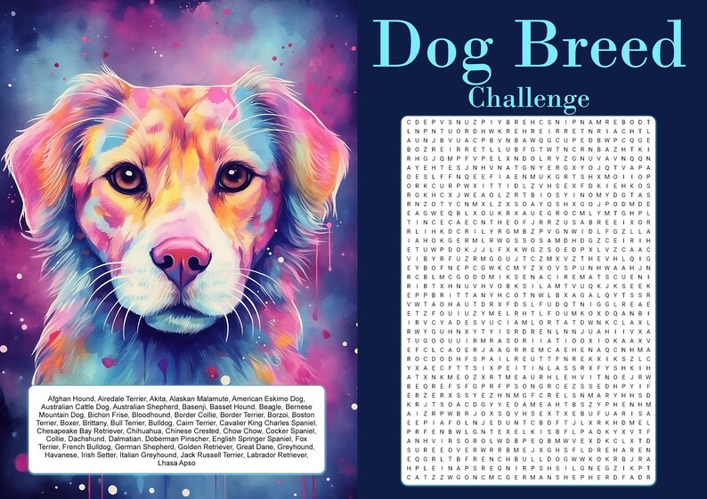Dog Breeds Word Search Puzzle - 45 Famous Breeds, A4 Landscape PDF ...