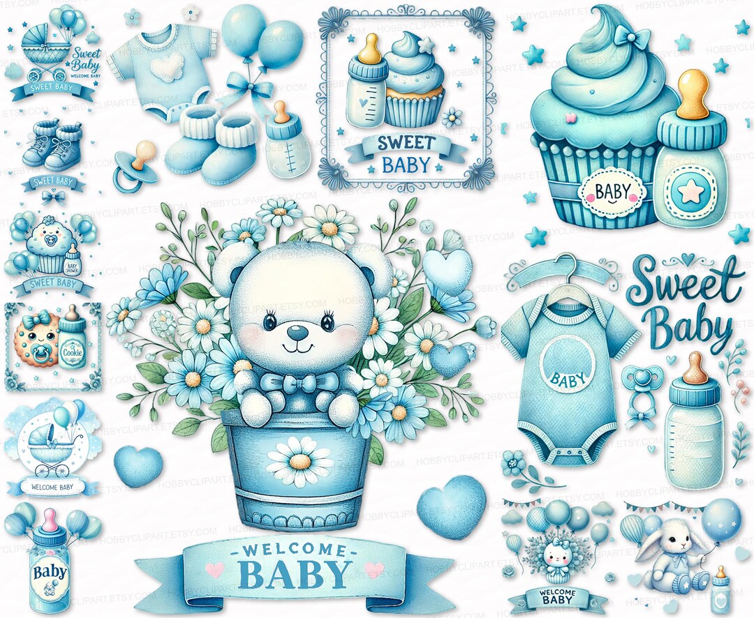 Watercolor Blue Baby Shower Clipart Set: 25 PNG SVG Images (digital ...