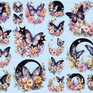 Flower Butterfly PNG SVG Watercolor Clipart Set Floral Butterfly Clip ...