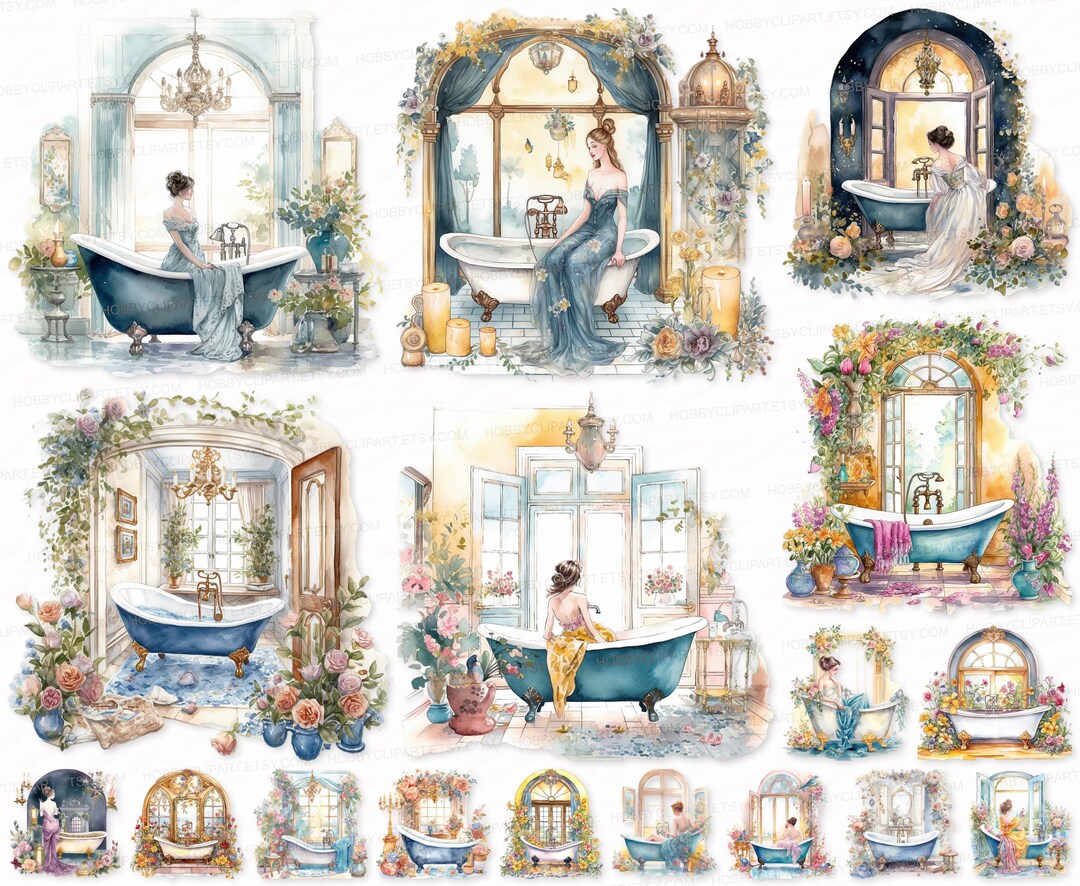 Watercolor Flower Bathroom Clipart Set: Floral Bathtub PNG SVG (digital ...