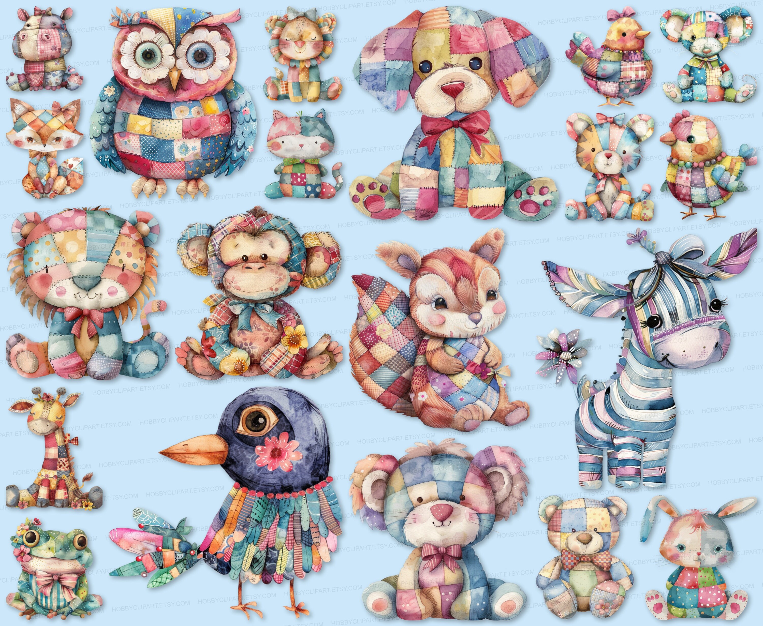 Animal Patchwork Watercolor Clipart Bundle: 30 PNG SVG Images (digital ...