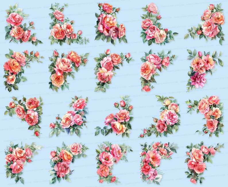 ROSES Corners Flower Border PNG SVG Watercolor Clipart Flower Stickers ...